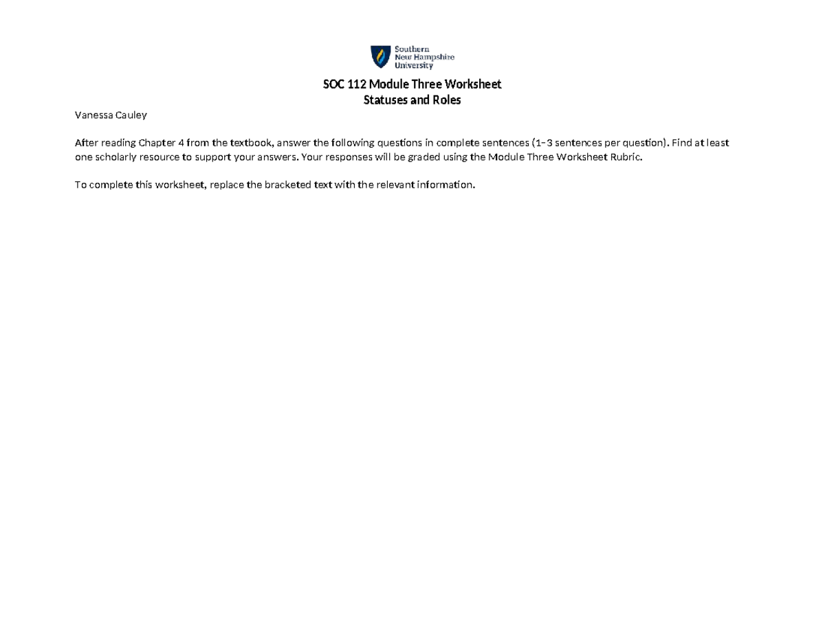 SOC 112 Module Three Worksheet: Statuses and Role Conflicts - Studocu