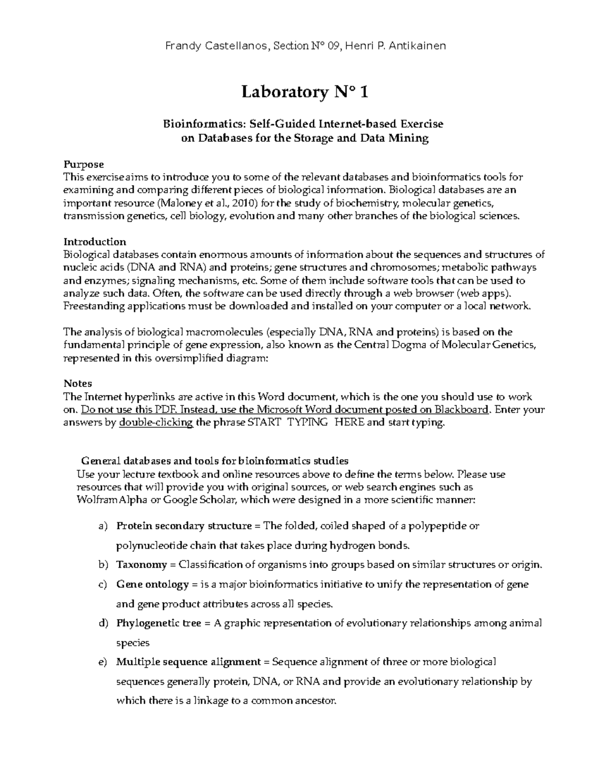 Bioinformatics lab1 - Laboratory N° 1 Bioinformatics: Self-Guided ...