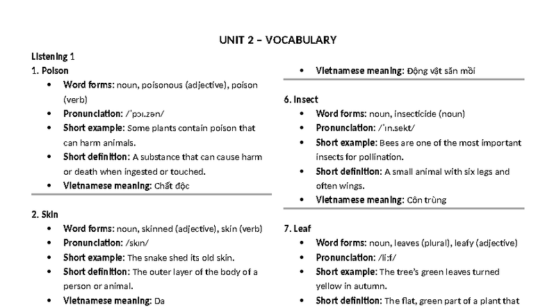 Unit 2 Vocabulary: Key Terms and Definitions for Listening 1 - Studocu
