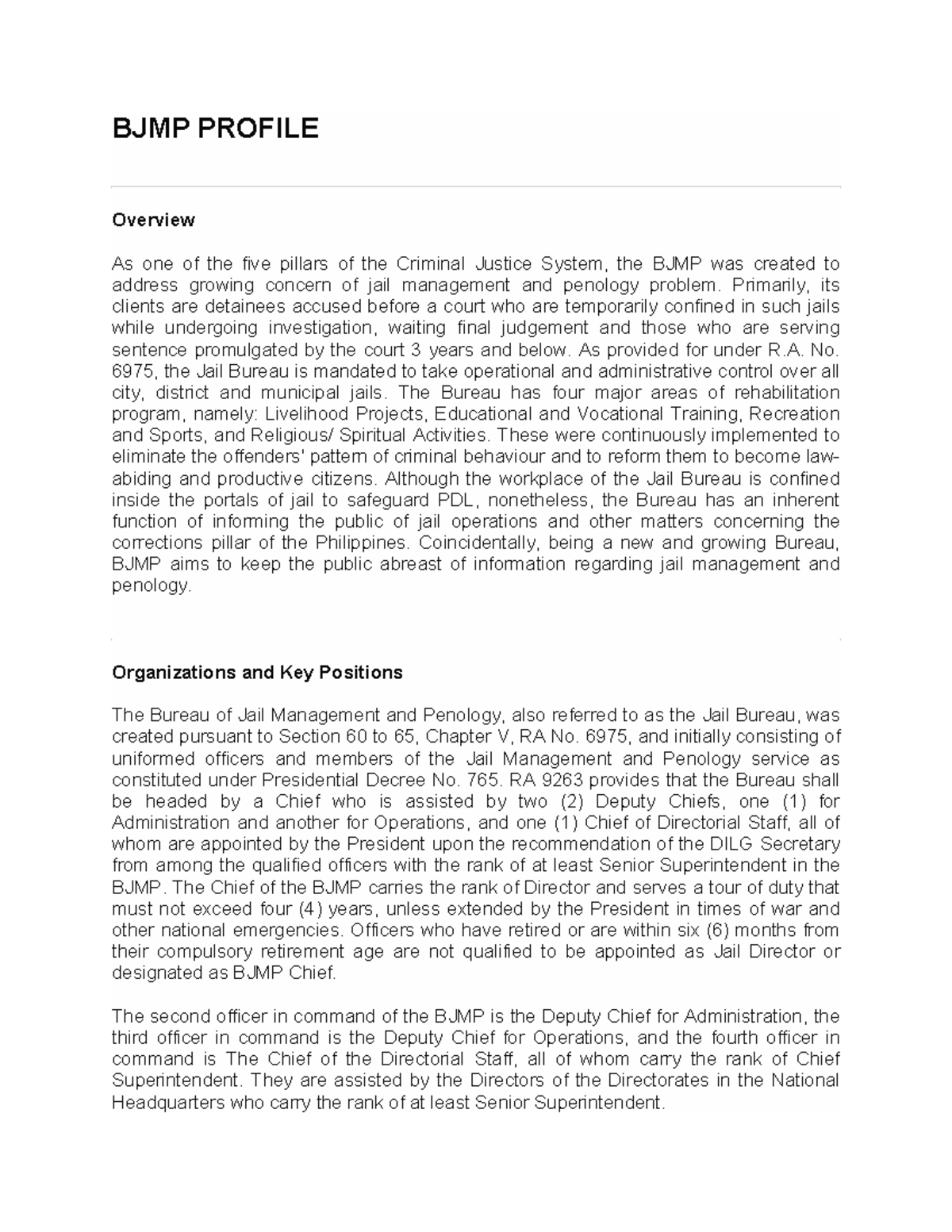 BJMP- Overview & Organizational Structure- Lesson Notes - Studocu