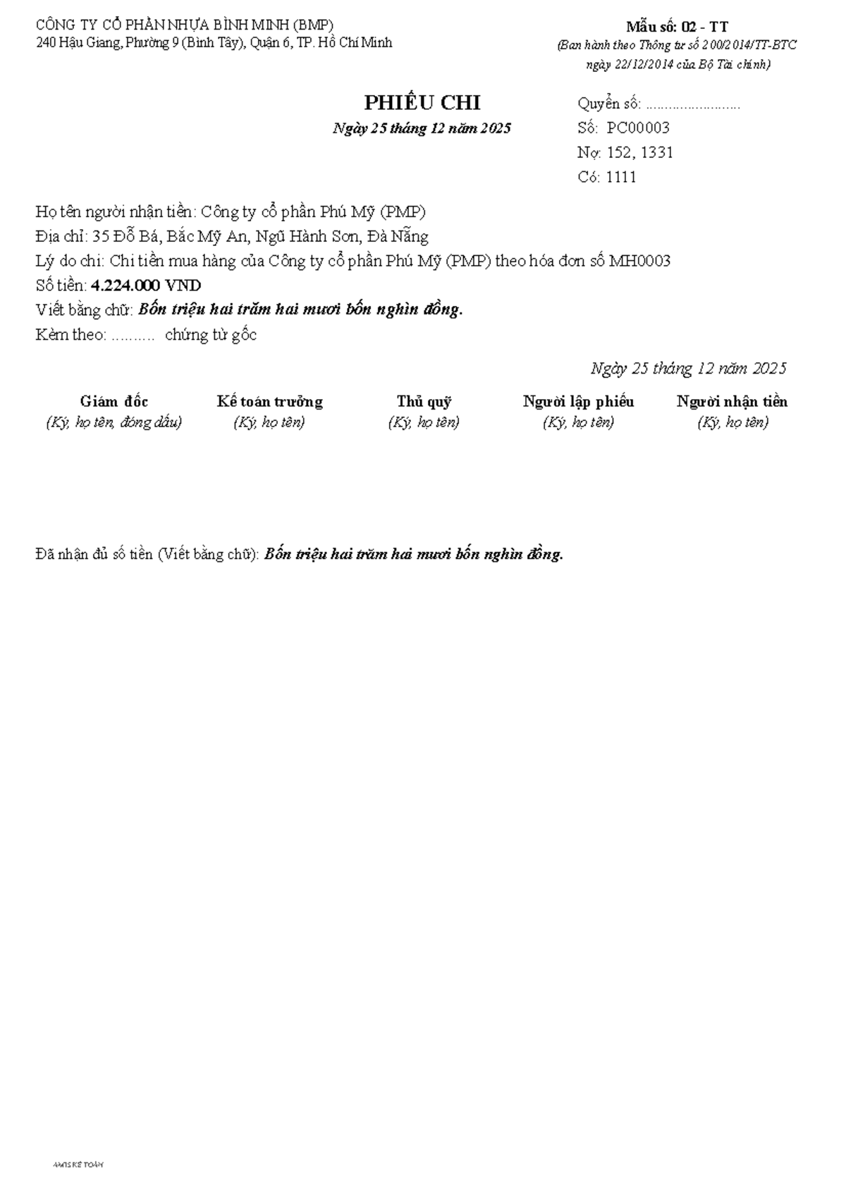 PHIẾU CHI CÔNG TY CỔ PHẦN NHỰA BÌNH MINH (BMP) - Studocu