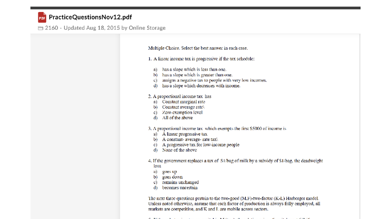 Practice Questions for Econ 2160: Multiple Choice Exam Prep - Studocu