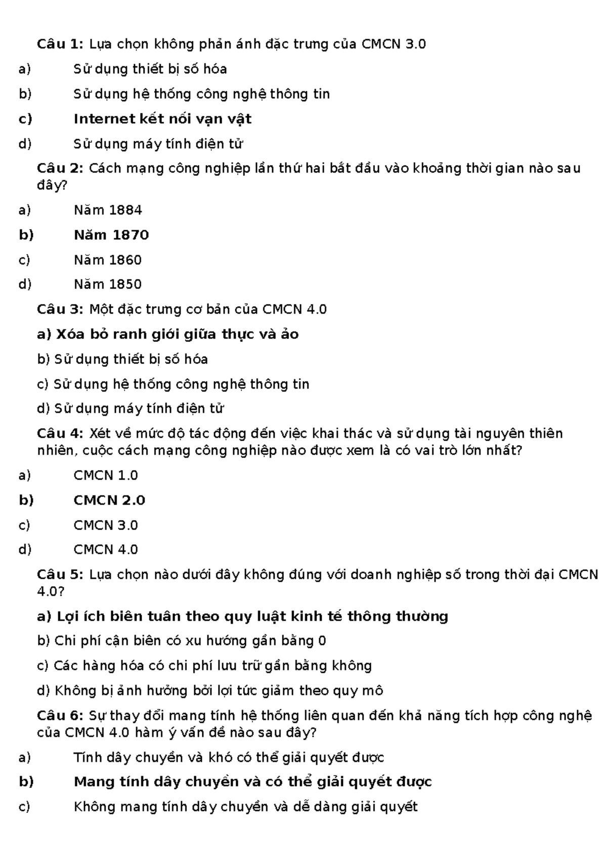 Trắc nghiệm CMCN 4.0: Câu hỏi và đáp án chi tiết trong kinh tế - Studocu