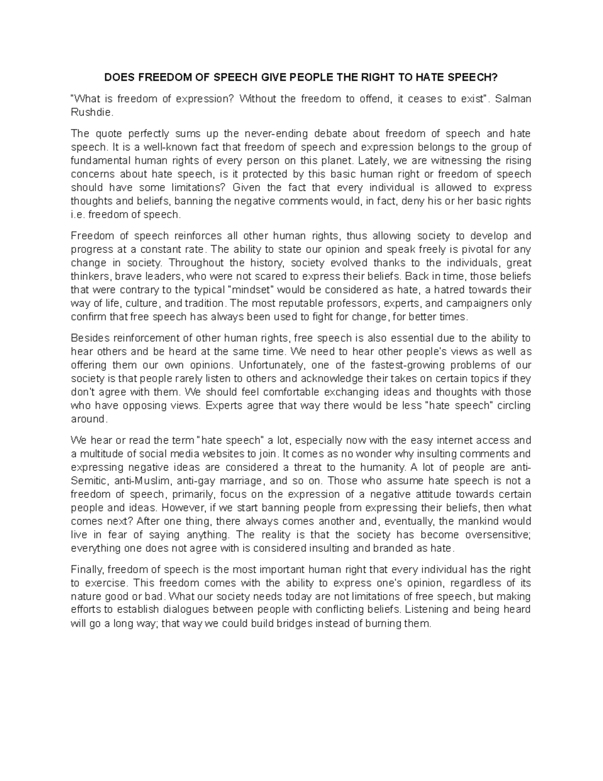 Debate on Freedom of Speech vs. Hate Speech: An Analysis - Studocu