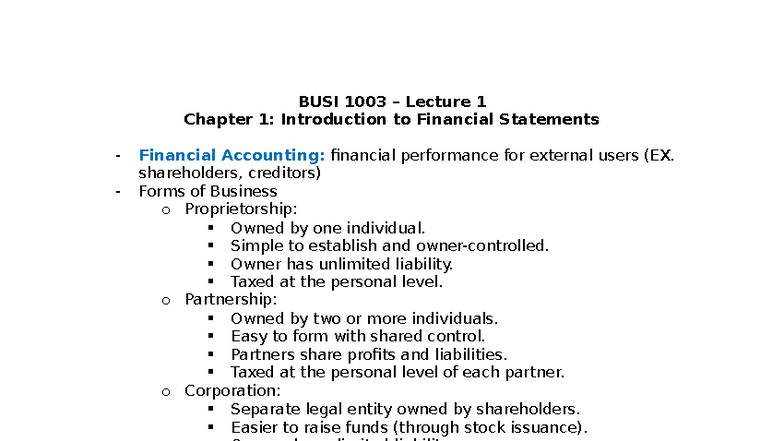 BUSI 1003 Lecture 1: Intro to Financial Statements & Users - Studocu