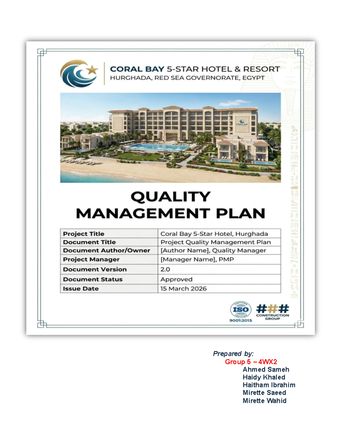 Project Quality Management Plan for Coral Bay Hotel - 4WX2 - Studocu