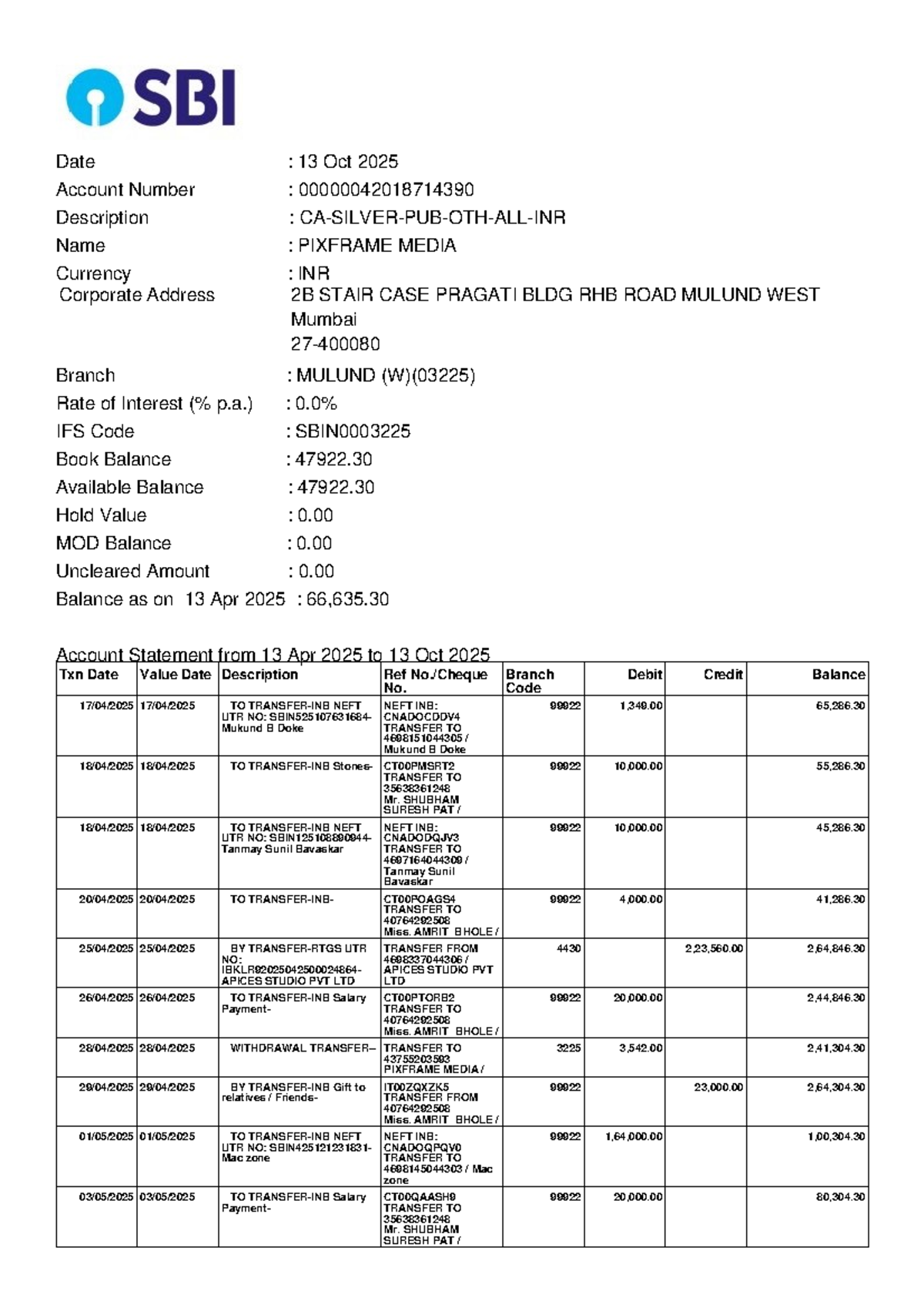 Account Statement: PIXFRAME MEDIA (13 Apr 2025 - 13 Oct 2025) - Studocu