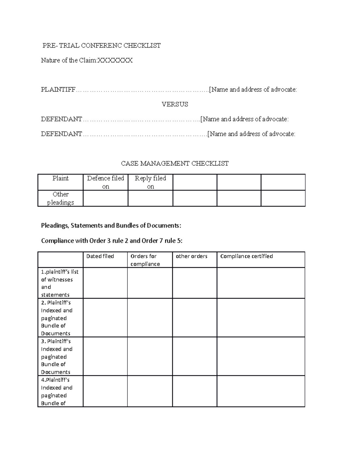 Pre-Trial Conference Checklist for Case Management and ADR - Studocu