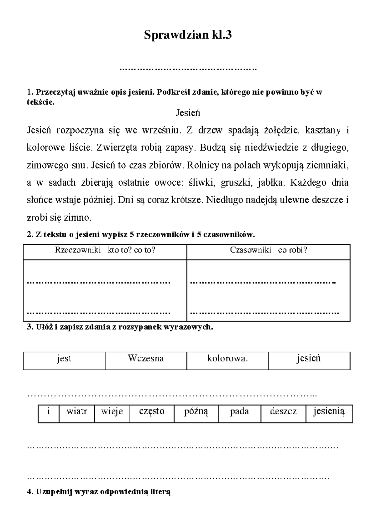 Sprawdzian kl. 3: Opis Jesieni i Ćwiczenia Językowe - Studocu