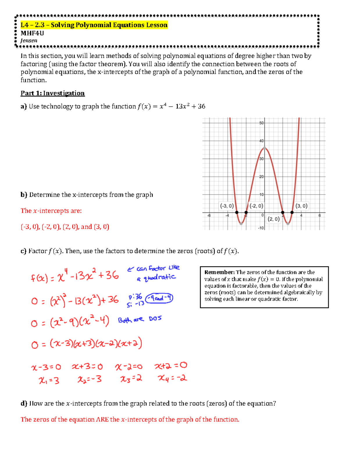 L4 2.3 Solving Polynomial Equations Lesson MHF4U - Studocu
