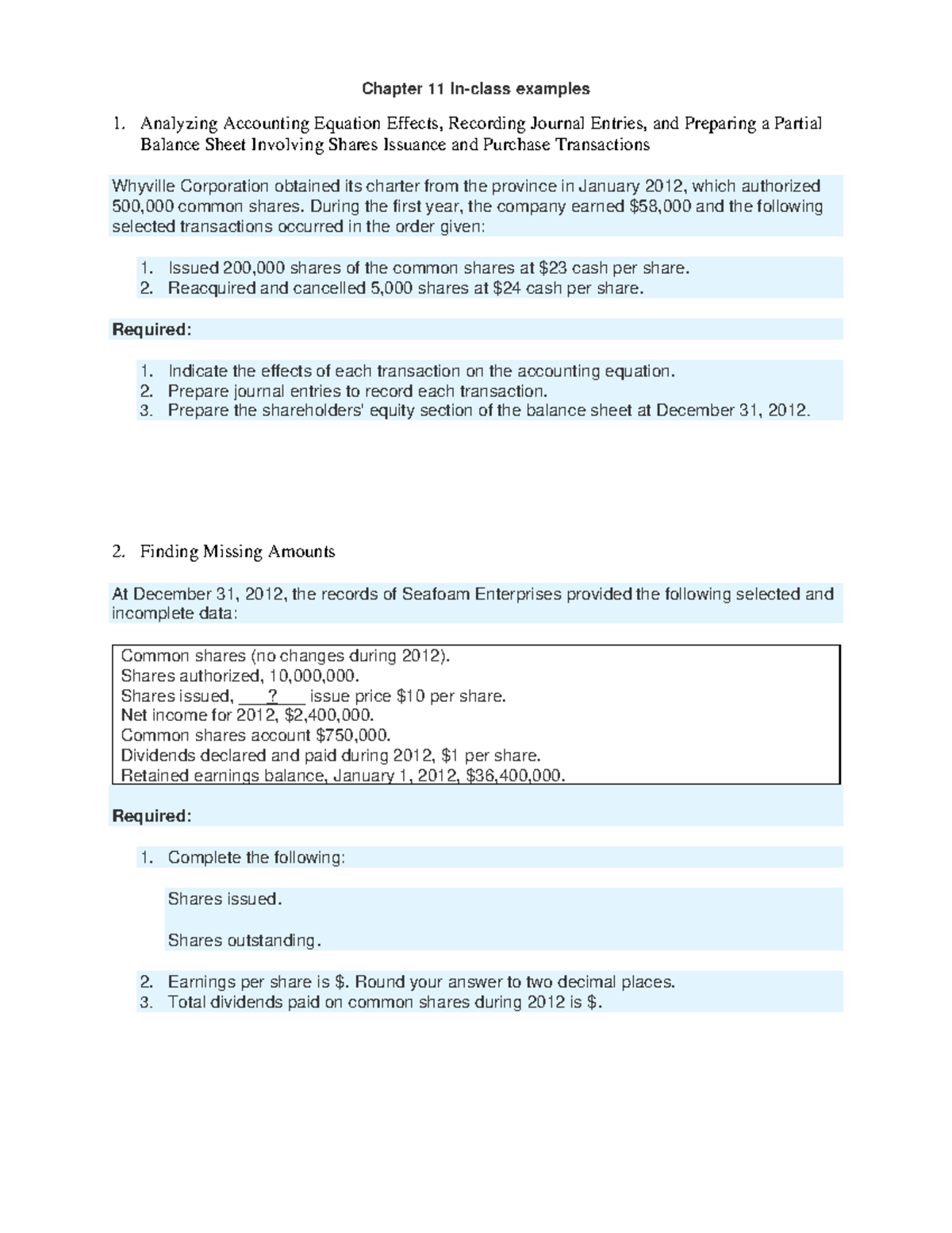 Chapter 11- problems with solution - Chapter 11 In-class examples Analyzing Accounting Equation ...