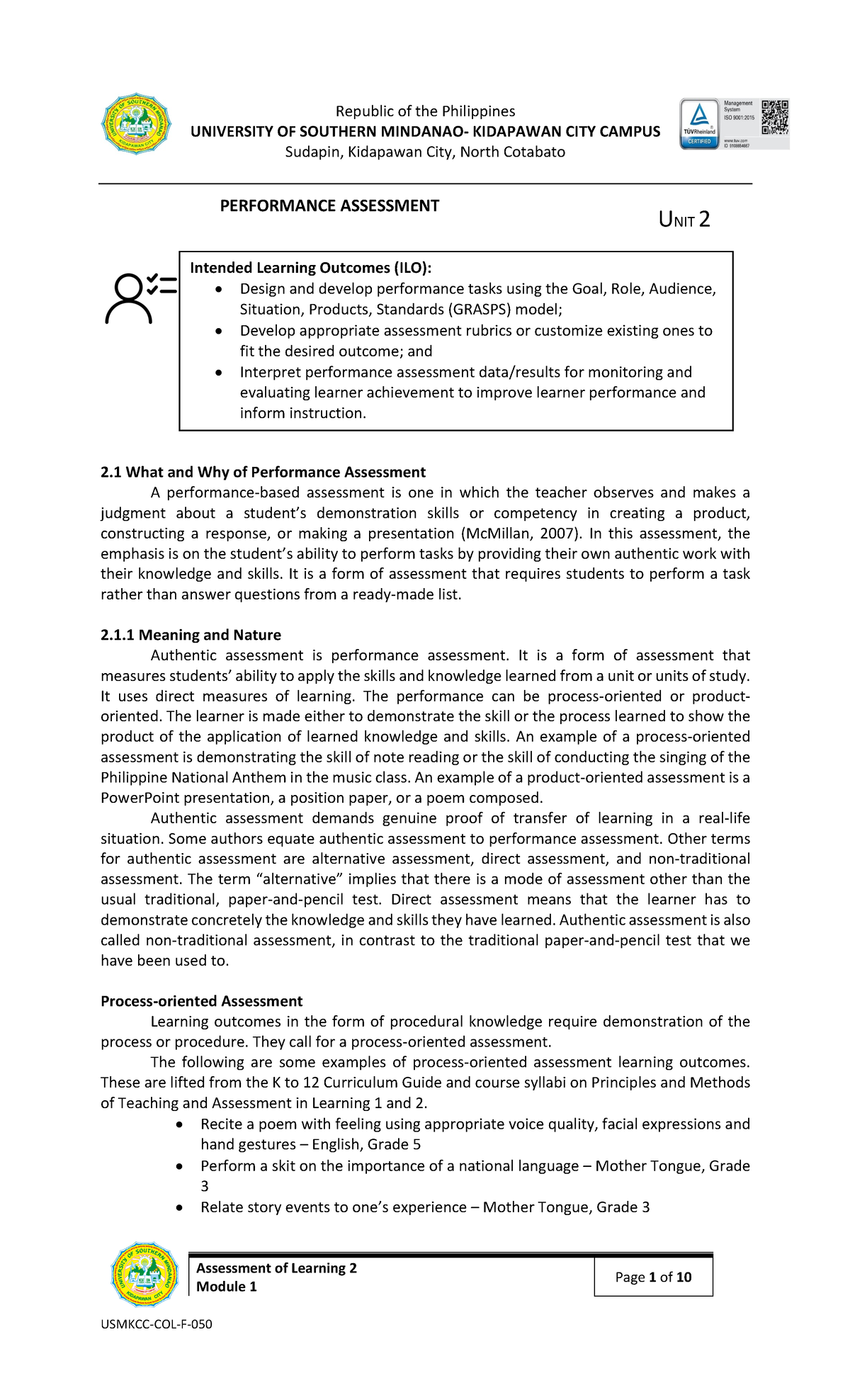 Unit 2 Performance Assessmentd - Assessment of Learning 2 Module 1 Page ...