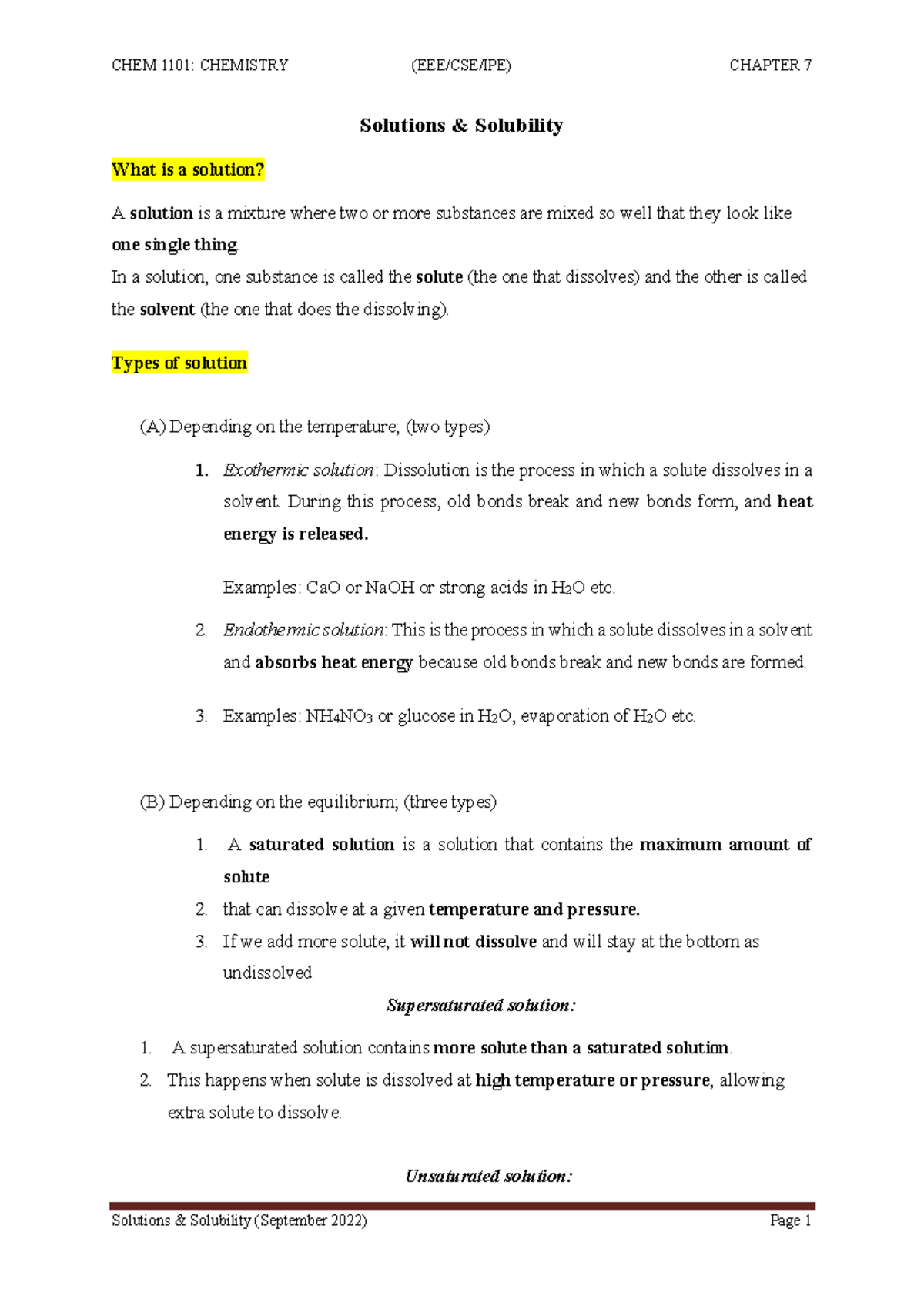 CHEM 1101: CHAPTER 7 Solutions & Solubility Overview - Studocu