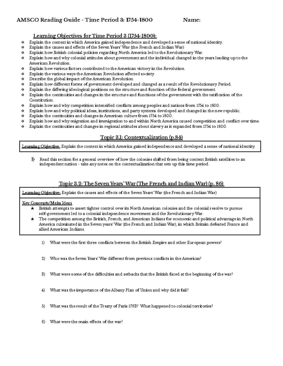 Reading Guide- Time Period 3 1754-1800 - AMSCO Reading Guide - Time ...