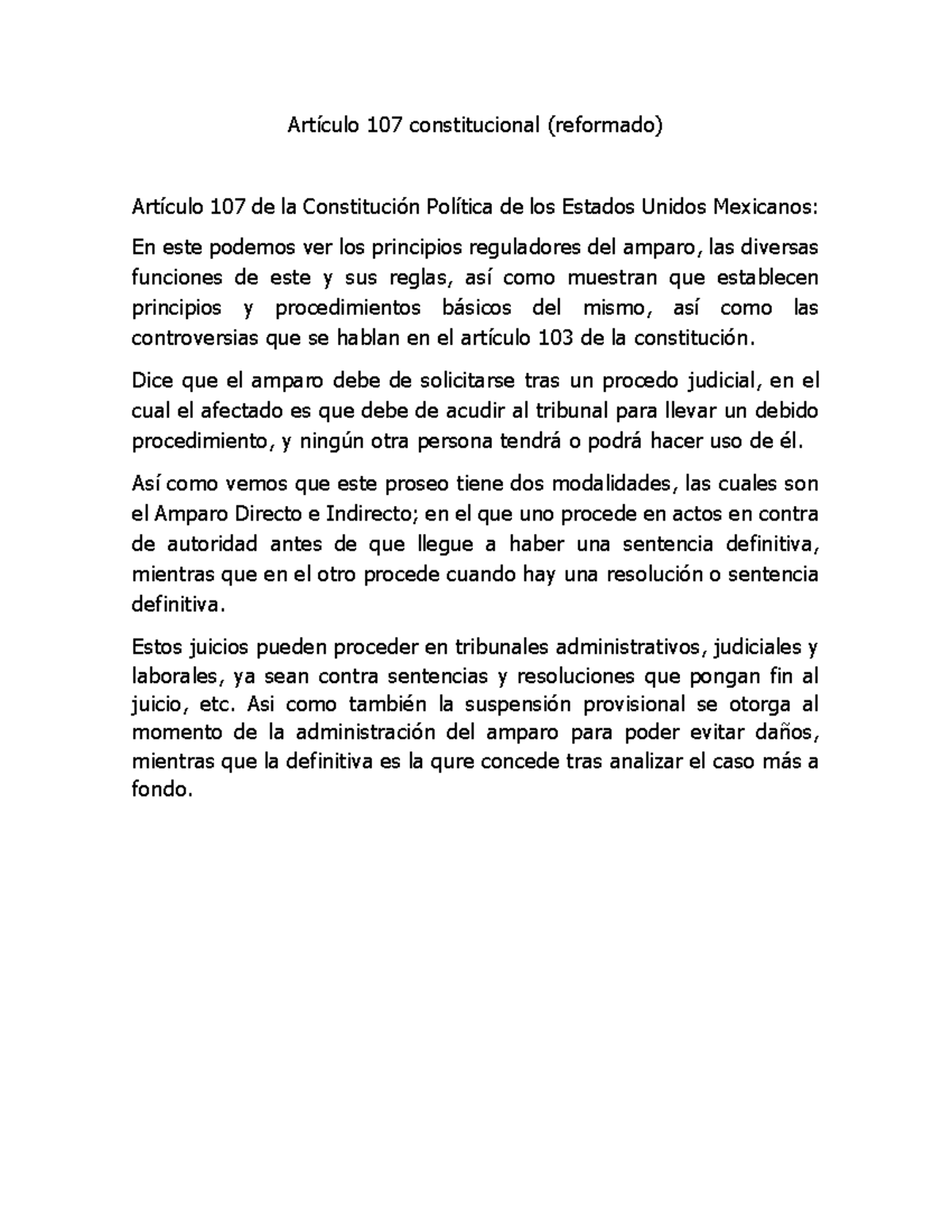 Análisis del Artículo 107 Constitucional y su Reformación - Studocu