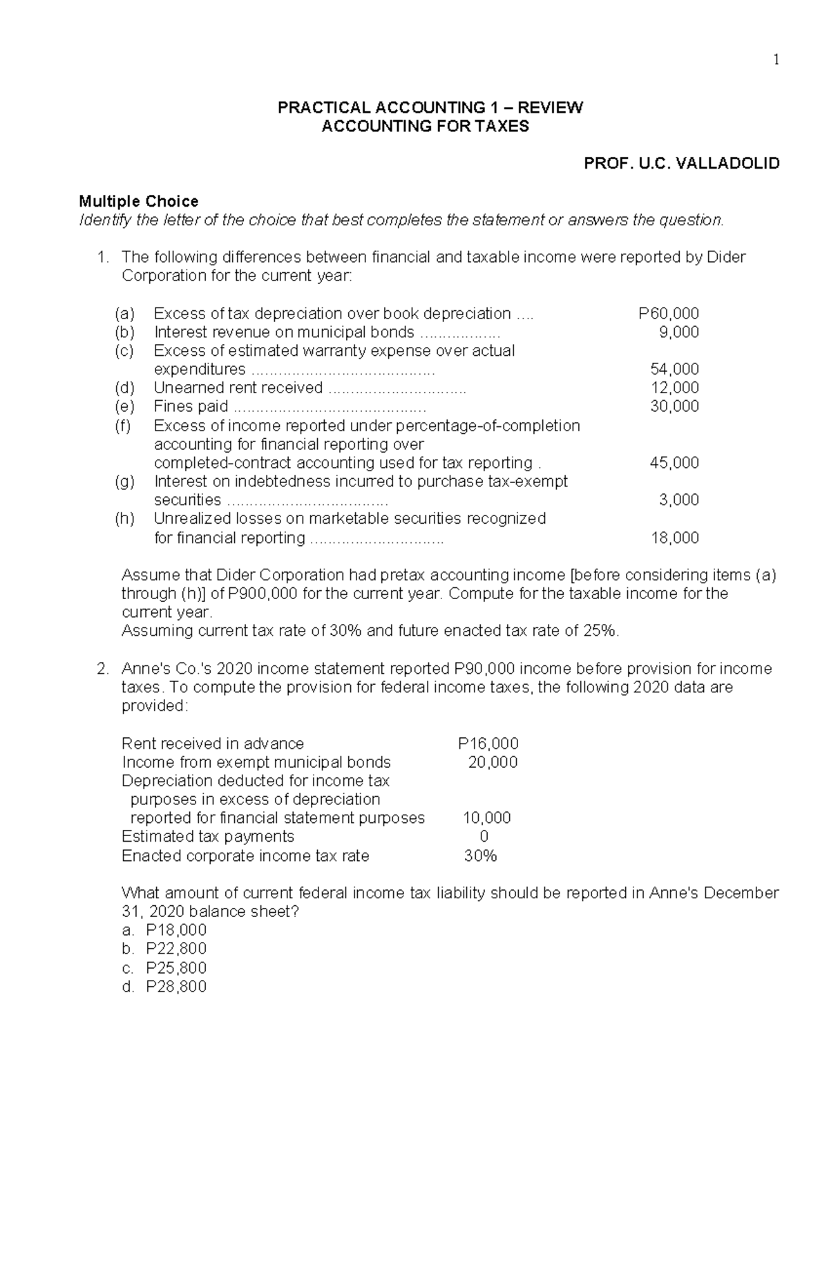Intermediate Accounting: Review on Tax Computations and Liabilities ...