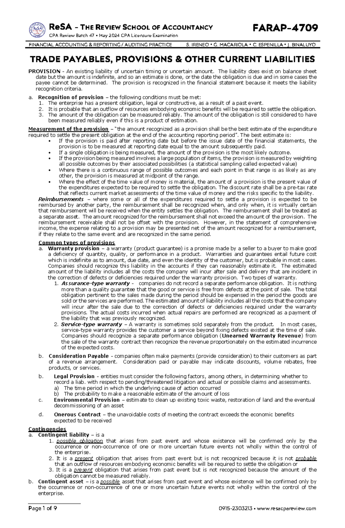 FARAP-4709 Final Exam Notes on Trade Payables & Current Liabilities ...
