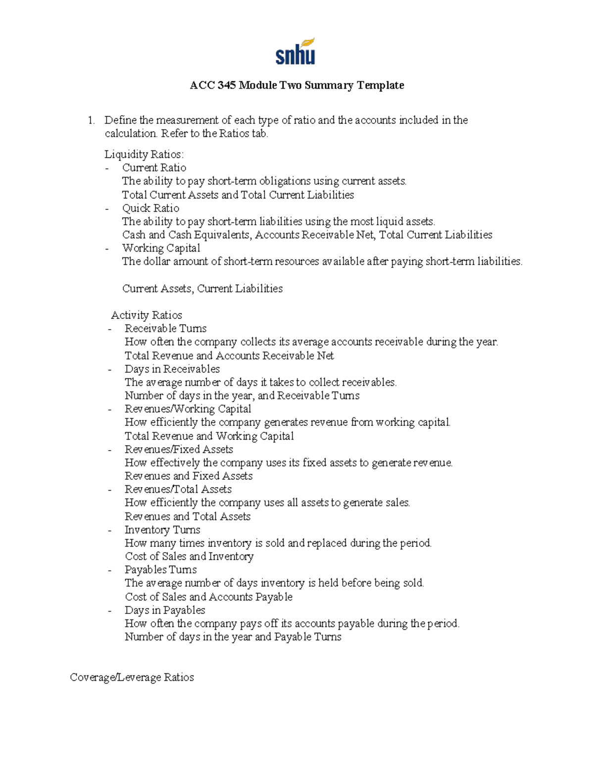 ACC 345 Module Two Summary: Ratio Analysis Overview - Studocu