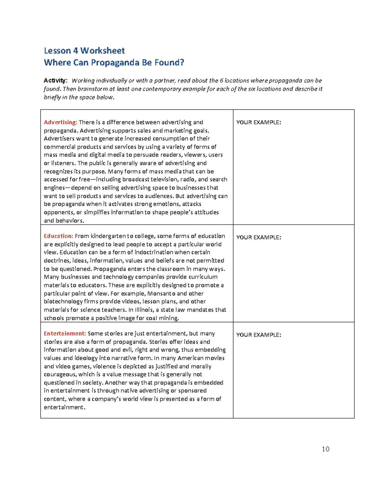 Where Can Propaganda Be Found Worksheet - 10 Lesson 4 Worksheet Where ...