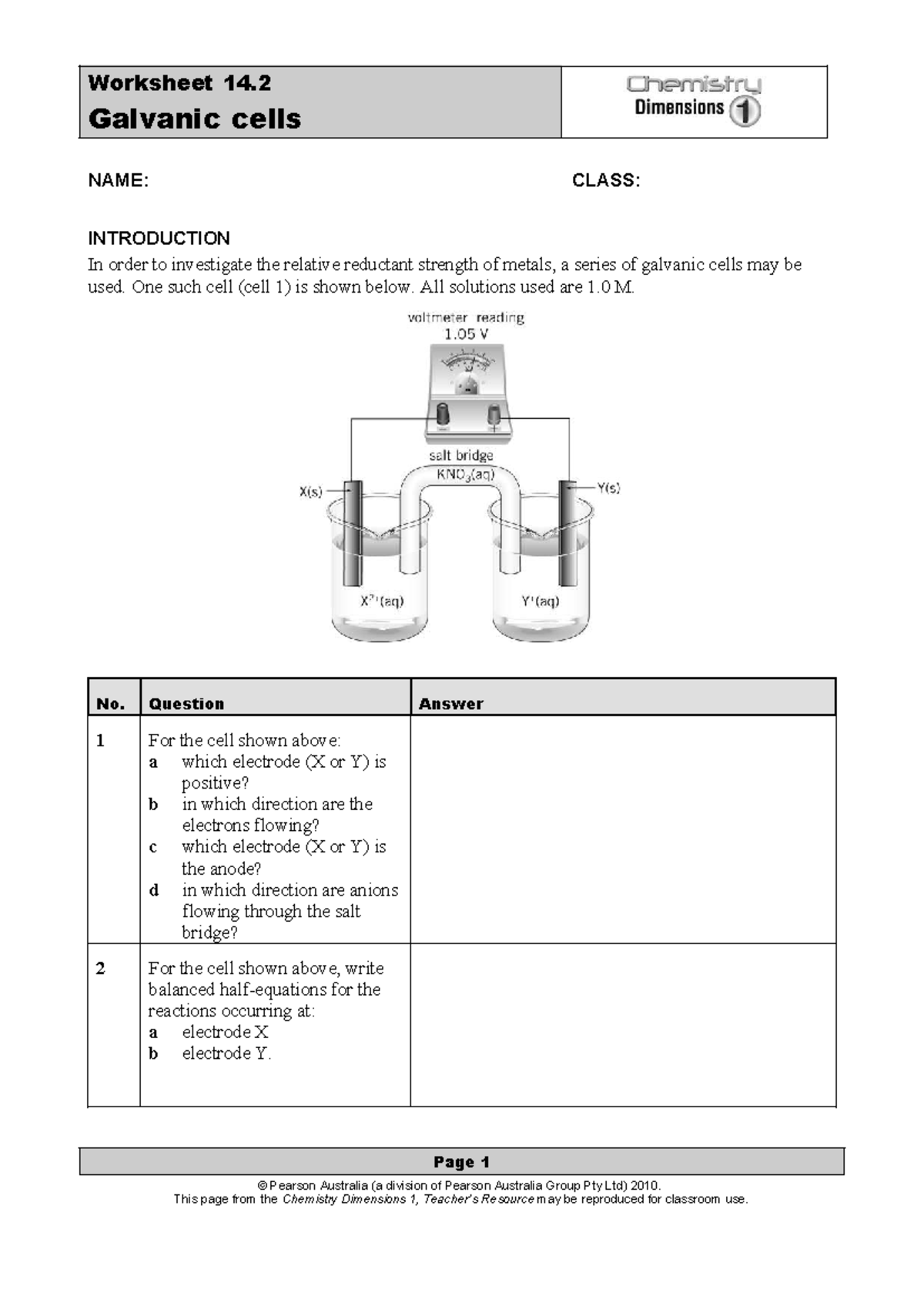 Galvanic Cell Worksheet 14.2: Reductant Strength Analysis - Studocu