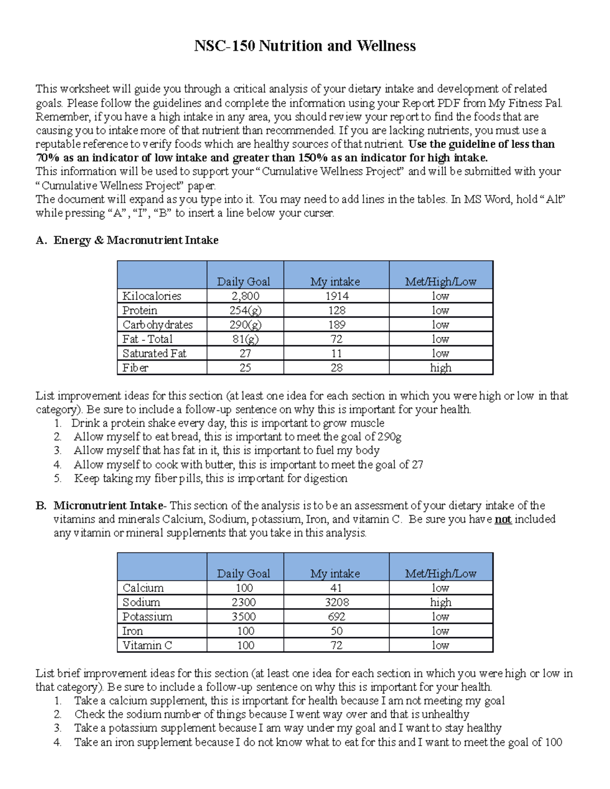 NSC-150 Diet Analysis Worksheet & Nutritional Goal Setting - Studocu