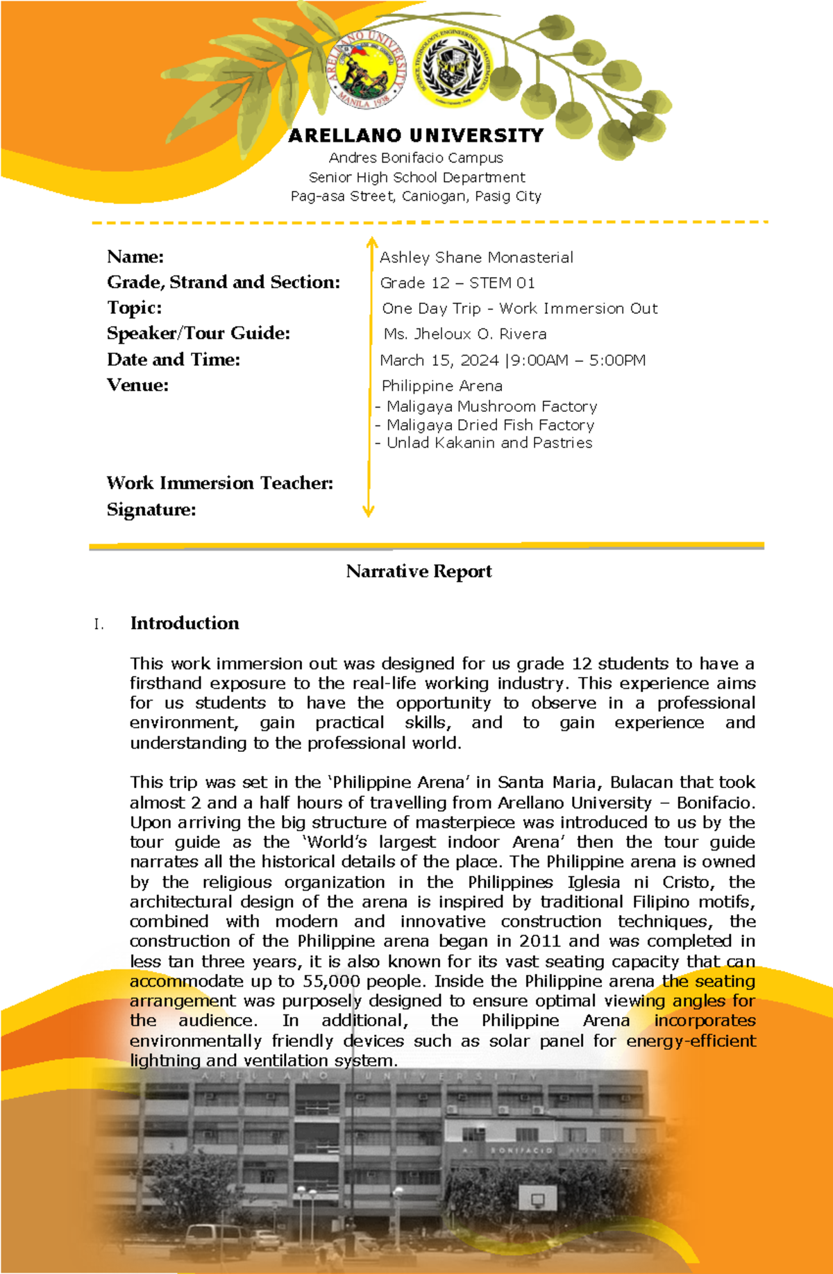 STEM-12-Work-Immersion-Narrative-Report-Philippine-Arena - Studocu