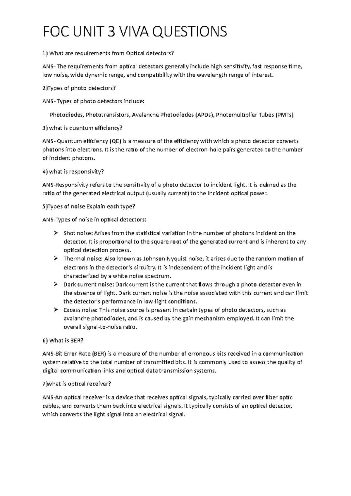 FOC VIVA QUESTIONS: Key Concepts and Explanations in Optical Detection - Studocu