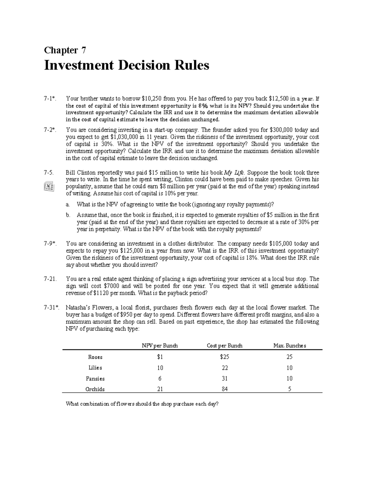 Chapter 7 Investment Decision Rules: Questions 5e & 6e Analysis - Studocu
