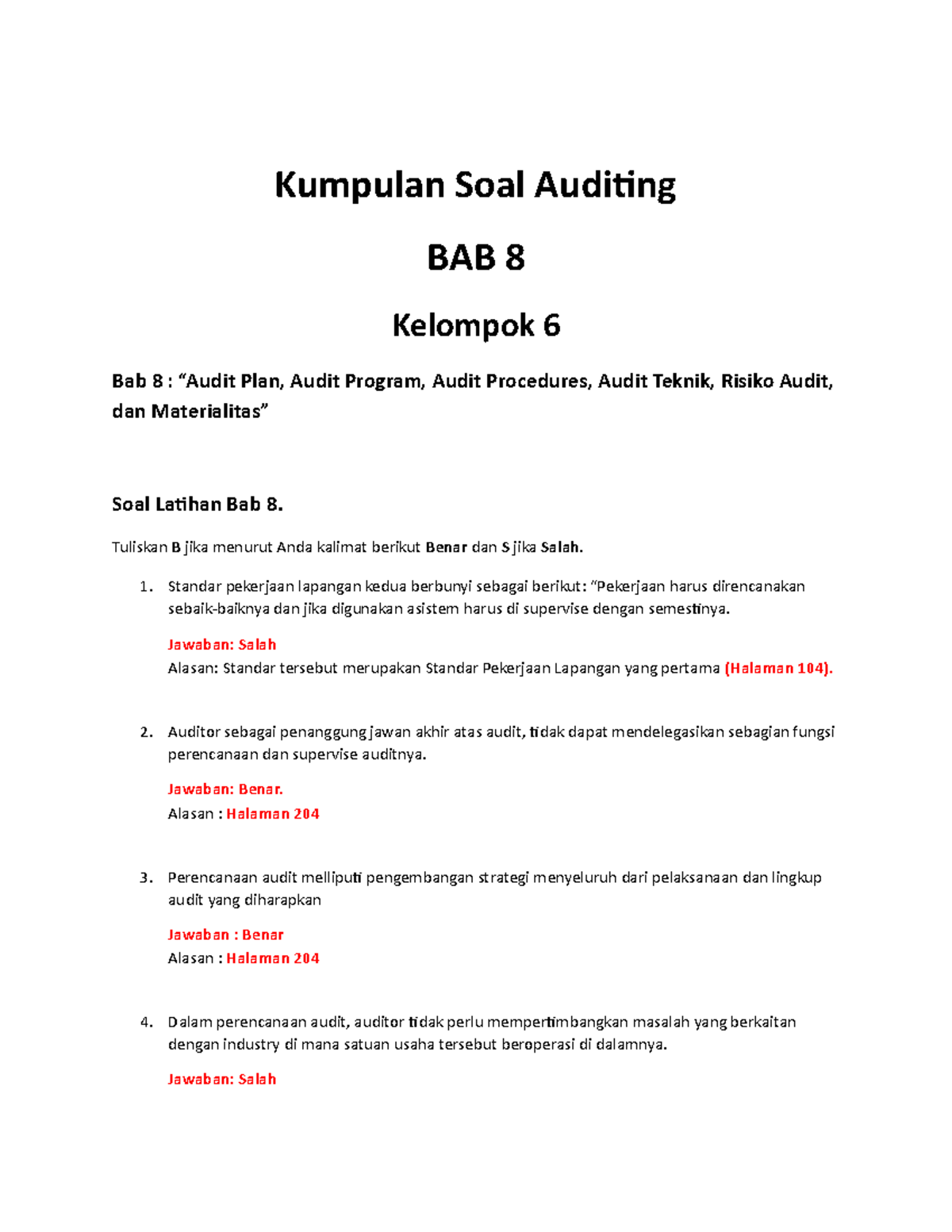 Kumpulan Soal Latihan Auditing - Bab 8: Rencana dan Prosedur Audit - Studocu