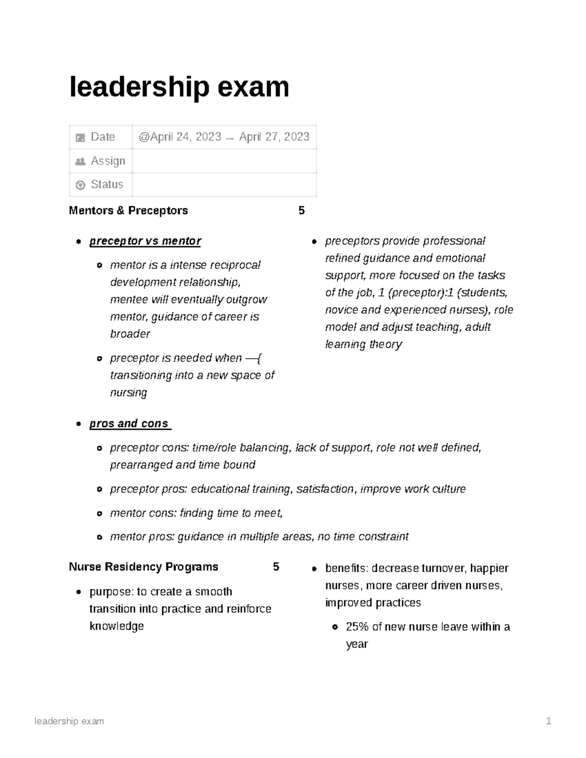 Leadership exam - leadership exam Date Assign Status Mentors ...