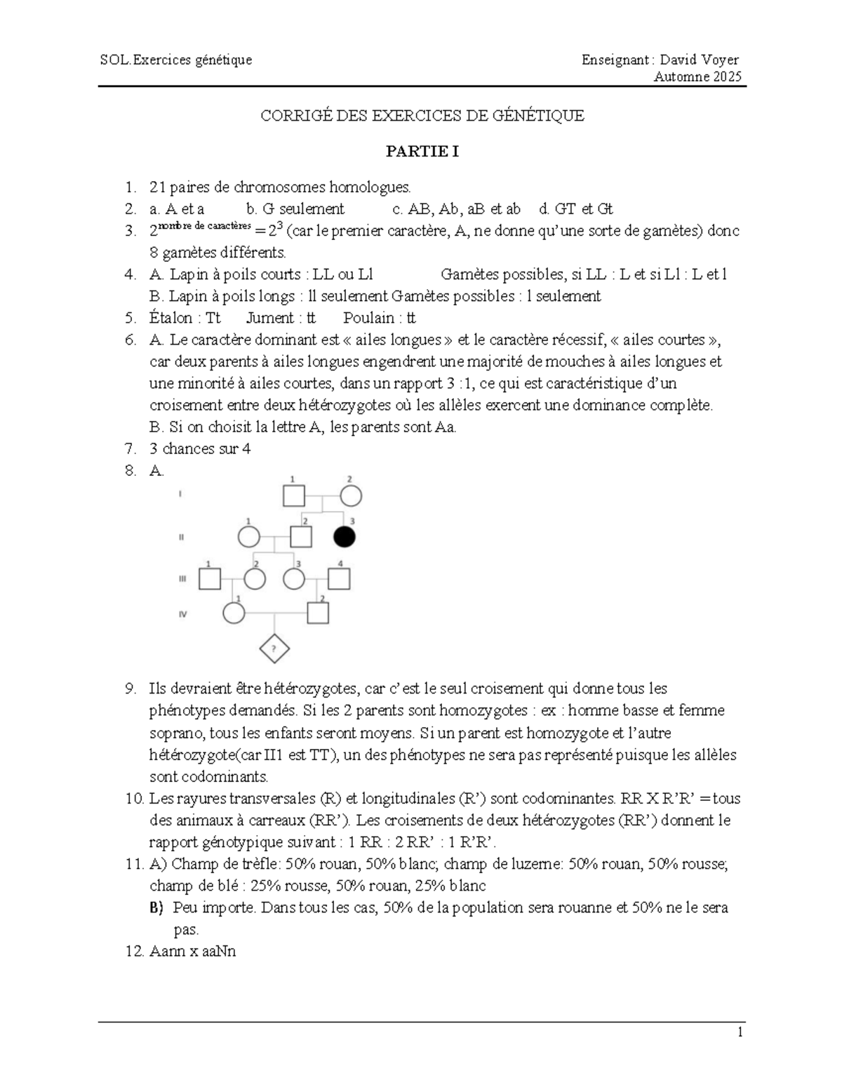 SOL.Génétique Exercices Corrigés Partie I Automne 2025 - Studocu