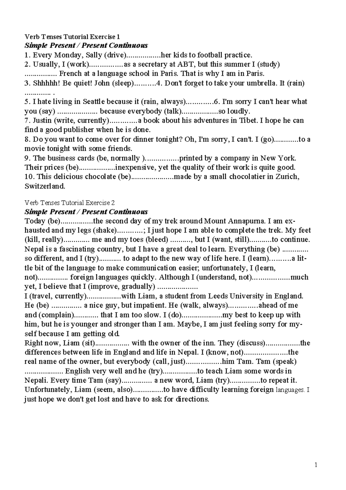 EGP Good Exercises on Tenses: Simple Present & Present Progressive ...