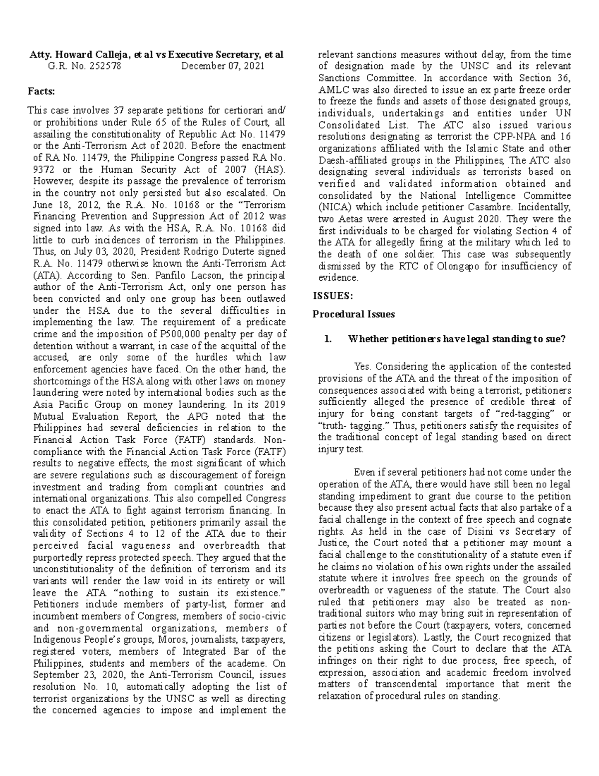 Case Study on Atty. Howard Calleja, et al vs Executive Secretary (G.R ...