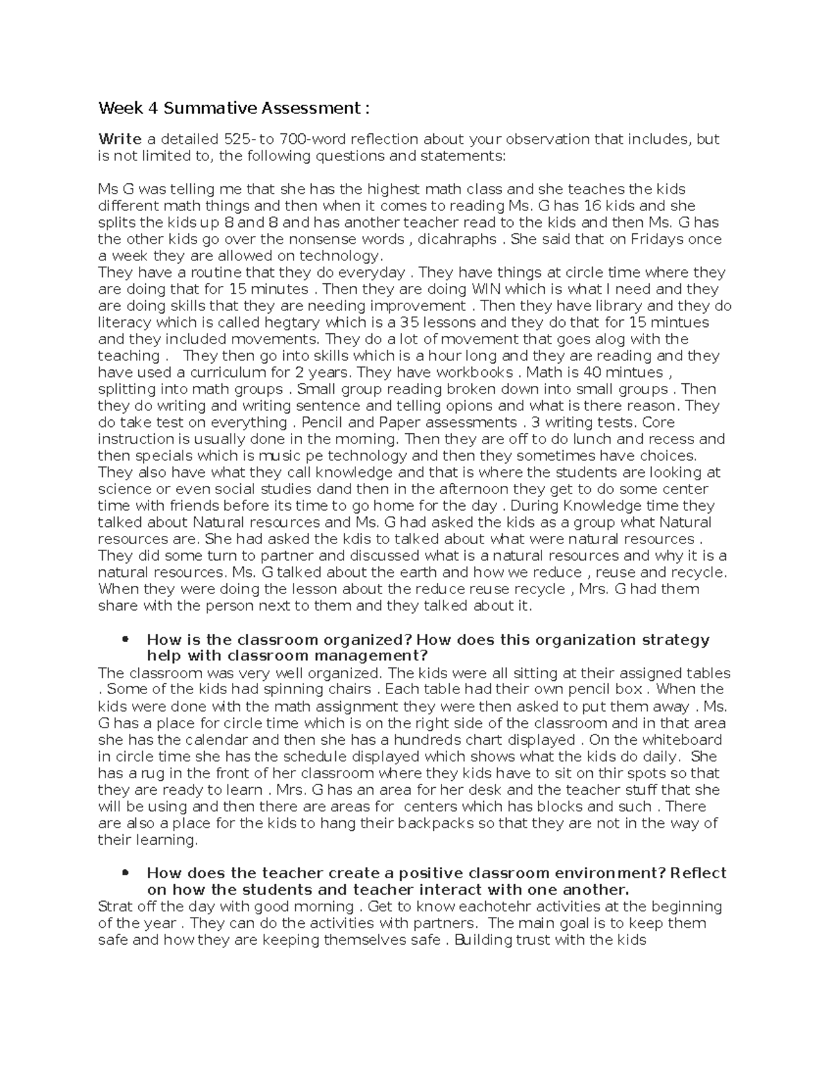 EDU 101: Week 4 Summative Assessment on Classroom Observation and ...