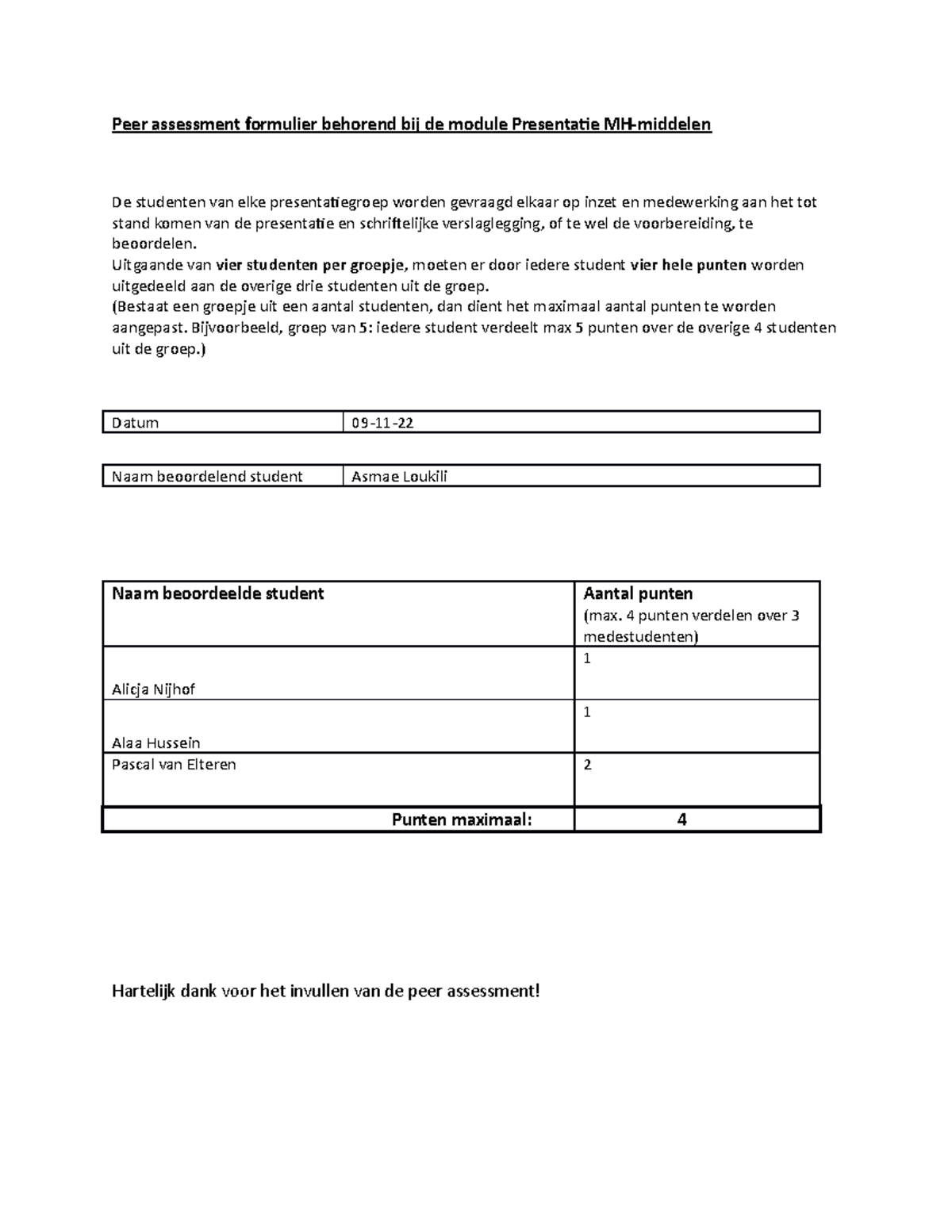 Peer Assessment Formulier voor Presentatie MH-Middelen - Studeersnel