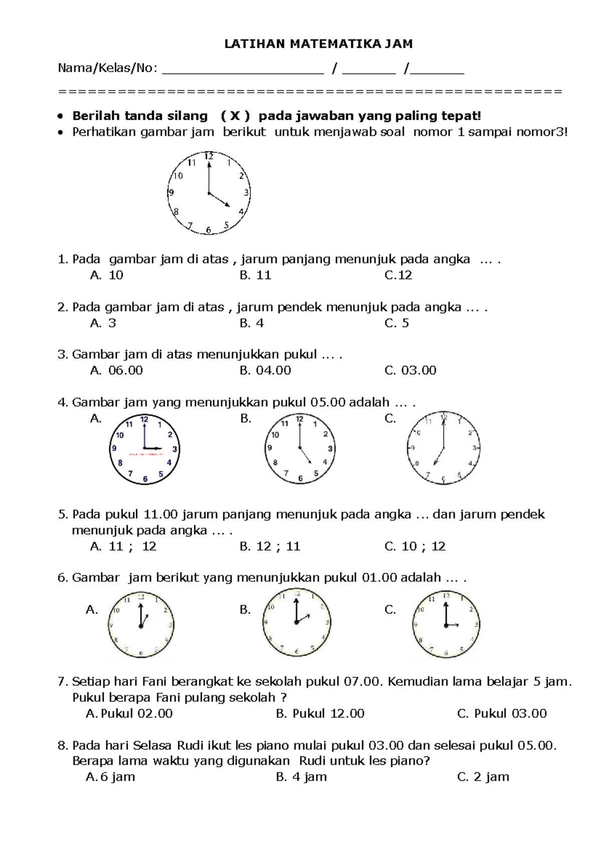 LATIHAN MATEMATIKA JAM: Soal dan Jawaban Pilihan Ganda - Studocu