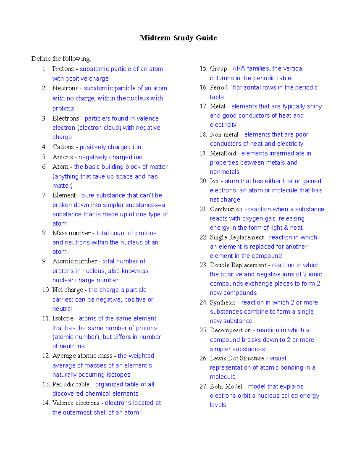 Midterm Study Guide AO: Key Concepts in Atomic Structure and Reactions ...