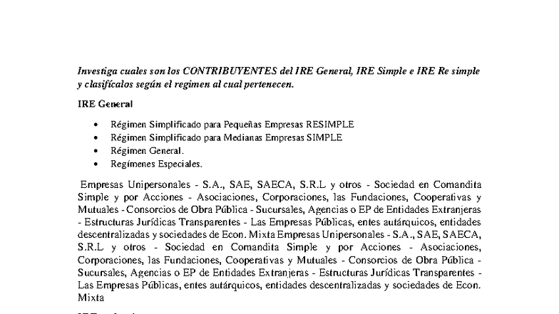 Tarea IRE: Clasificación de Contribuyentes por Régimen - Studocu