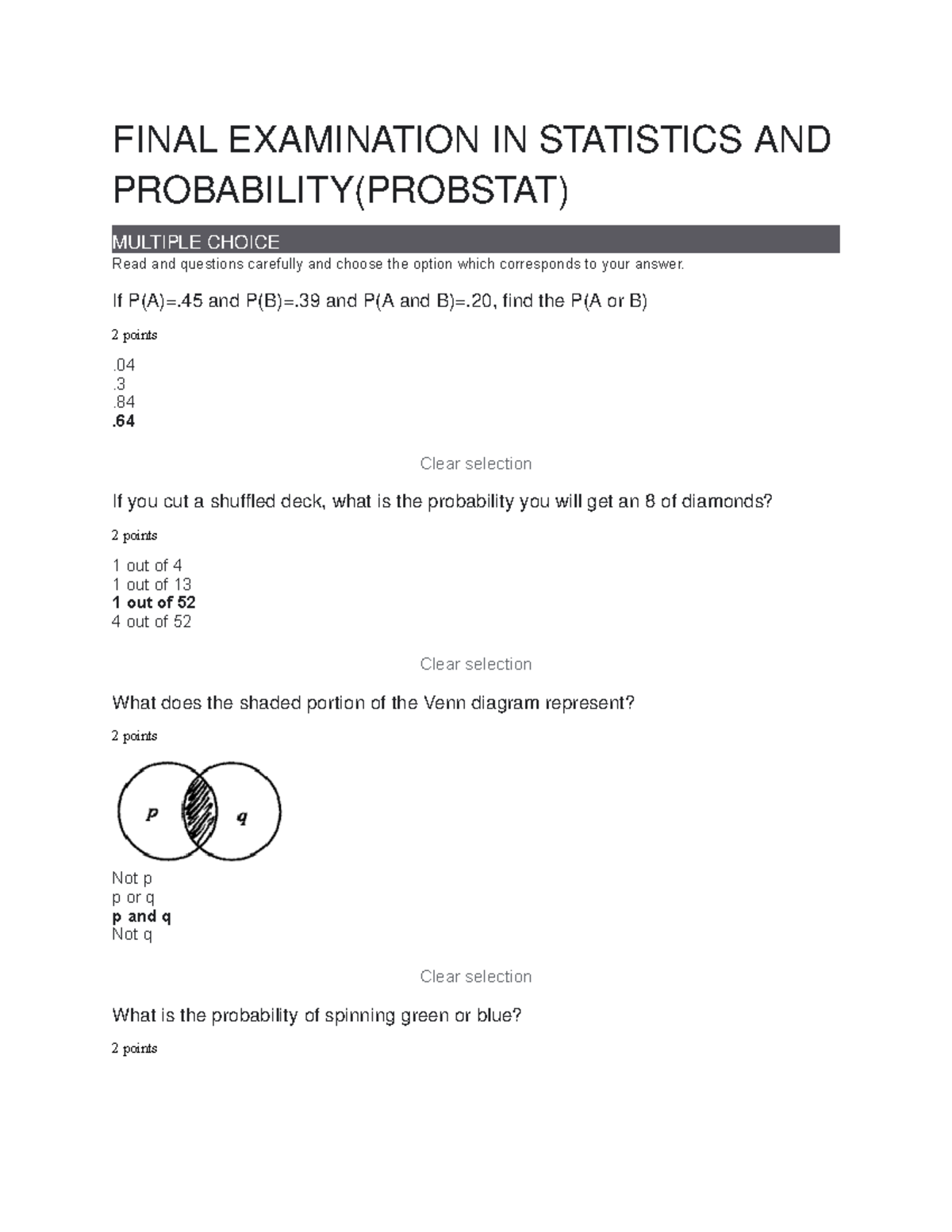 Final Exam in Statistics & Probability (PROBSTAT) - MCQ Review - Studocu