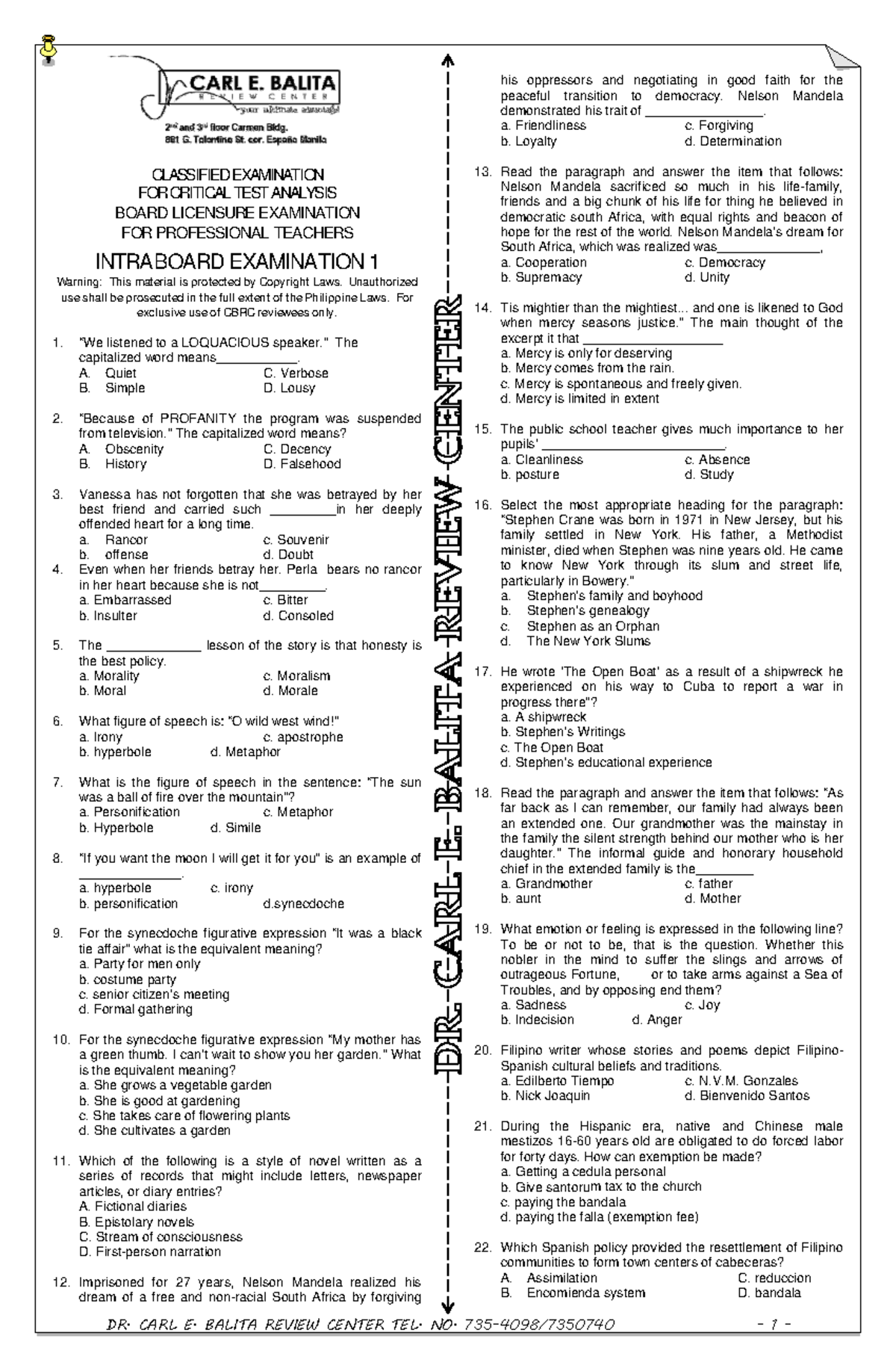 CBRC Prof Ed 1 Reviewer for Critical Test Analysis - 50 Questions - Studocu