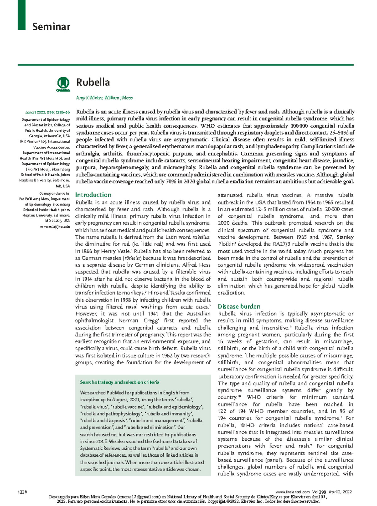 Seminar on Rubella: Epidemiology, Prevention, and Global Eradication ...