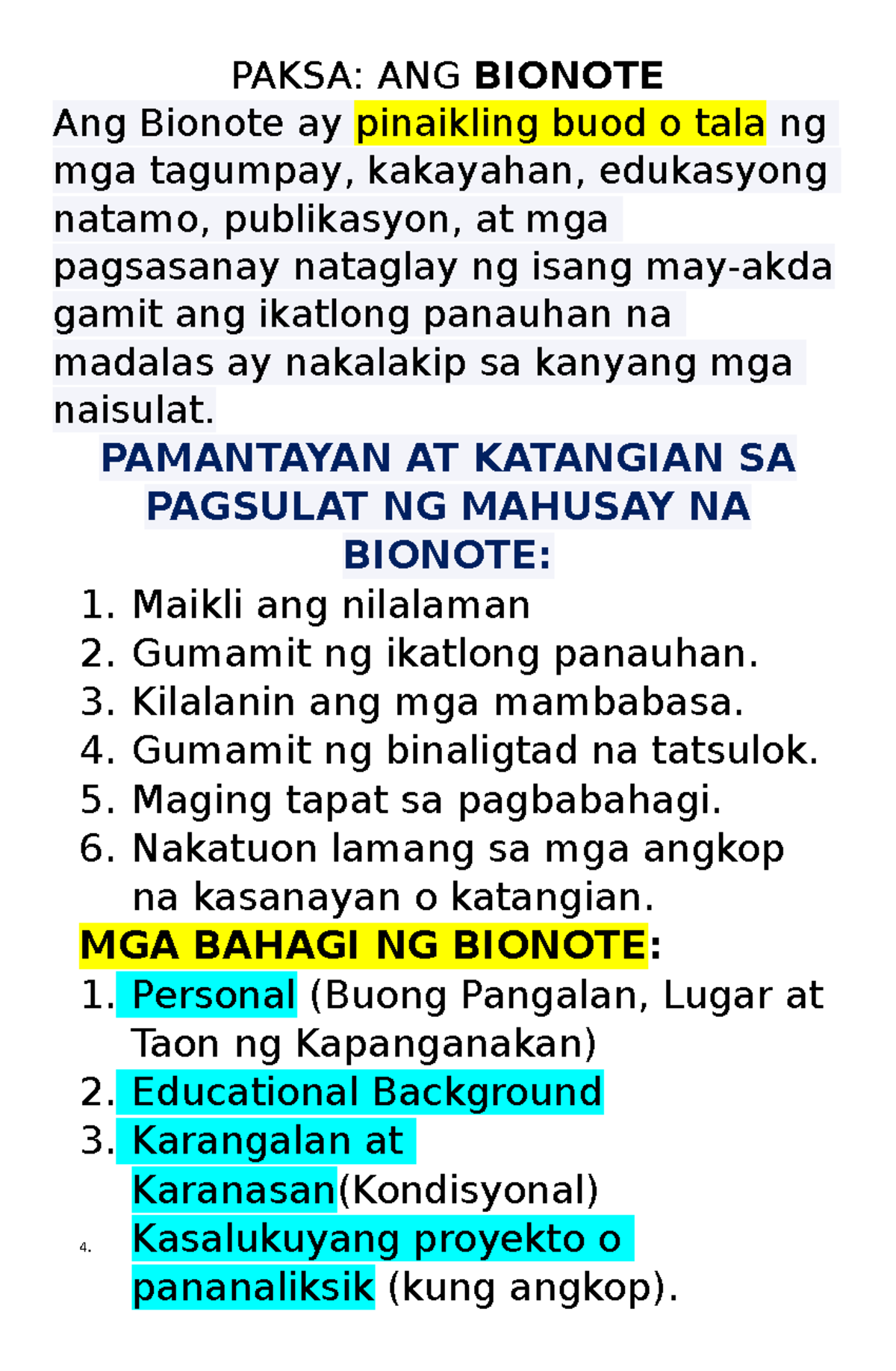 Bionote - PAMANTAYAN AT KATANGIAN SA PAGSULAT NG MAHUSAY NA BIONOTE: 1 ...