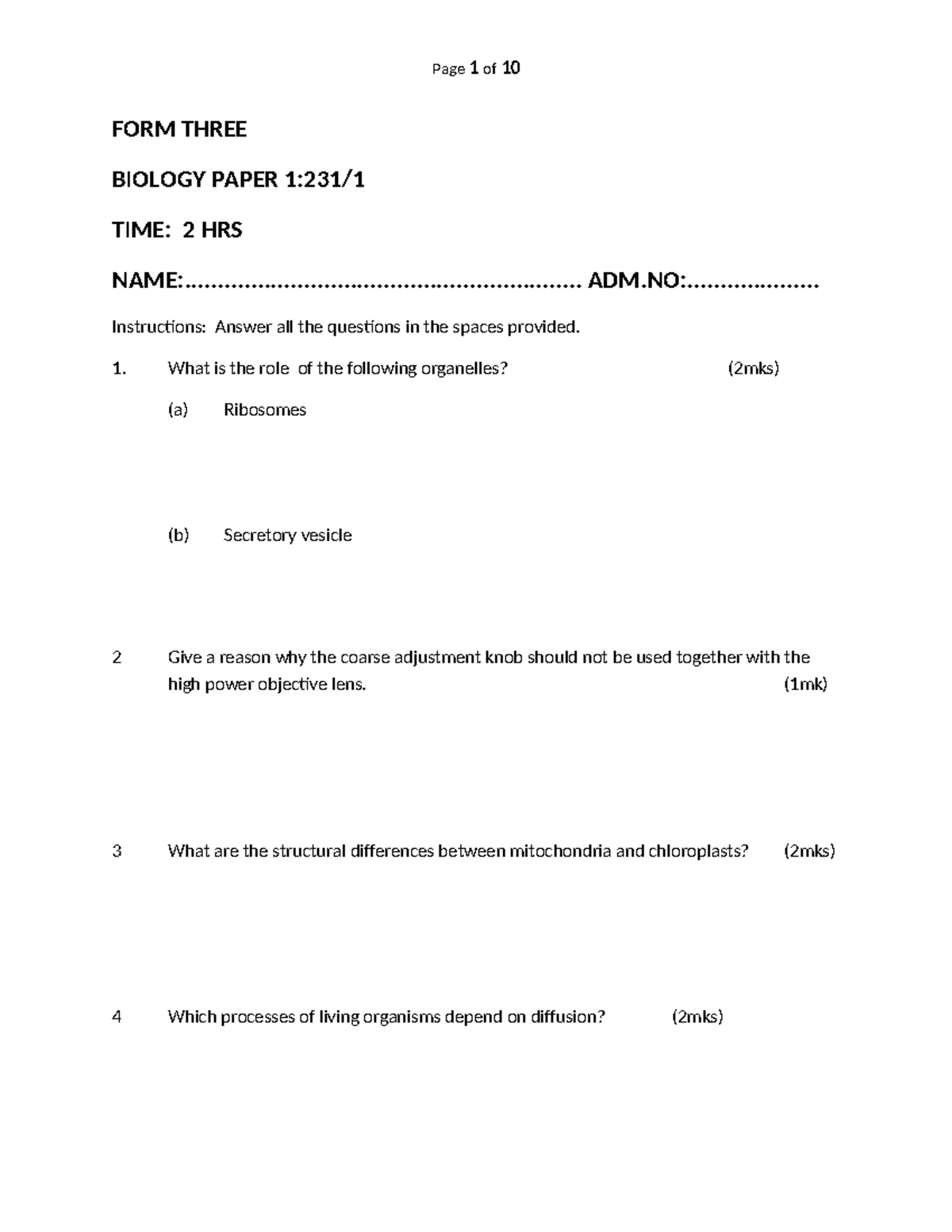 BIO FORM 3 Biology Paper - Comprehensive Study Guide - Studocu