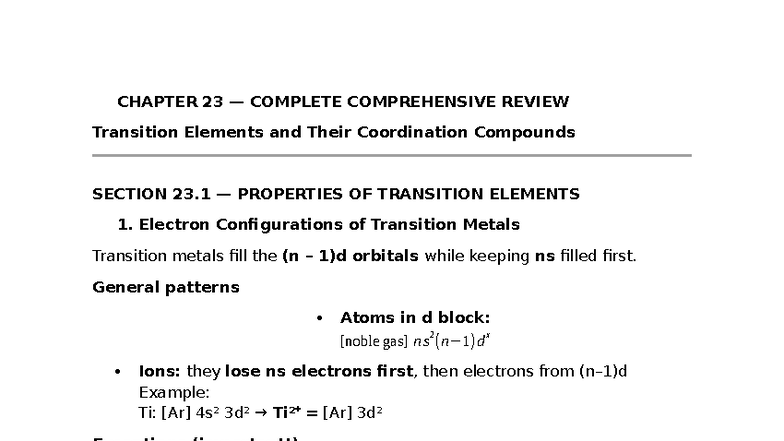 CHM2046 - Chapter 23 Notes: Transition Elements & Coordination ...