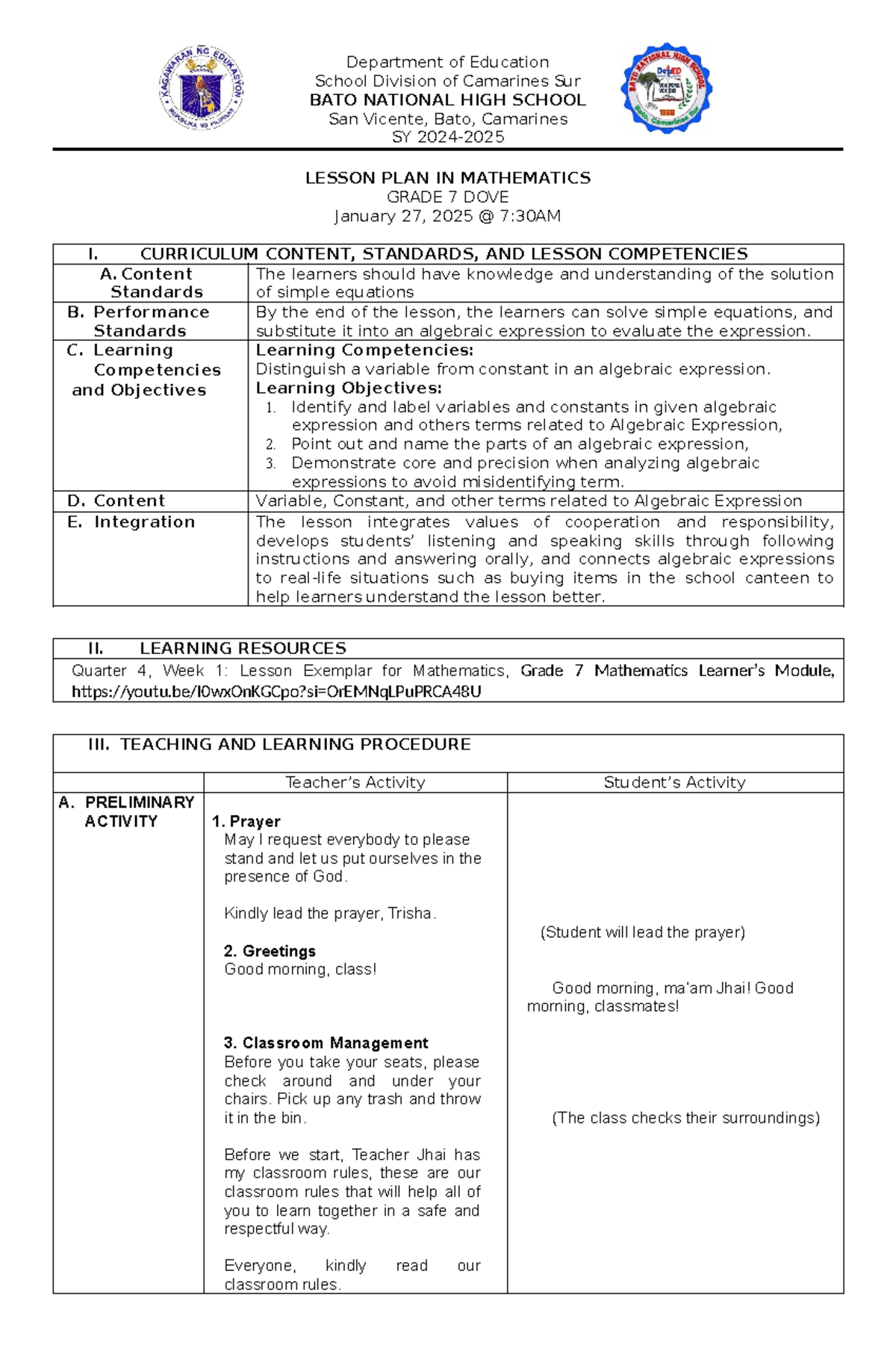 DLP AE Topic 1: Lesson Plan in Mathematics for Grade 7 - Studocu