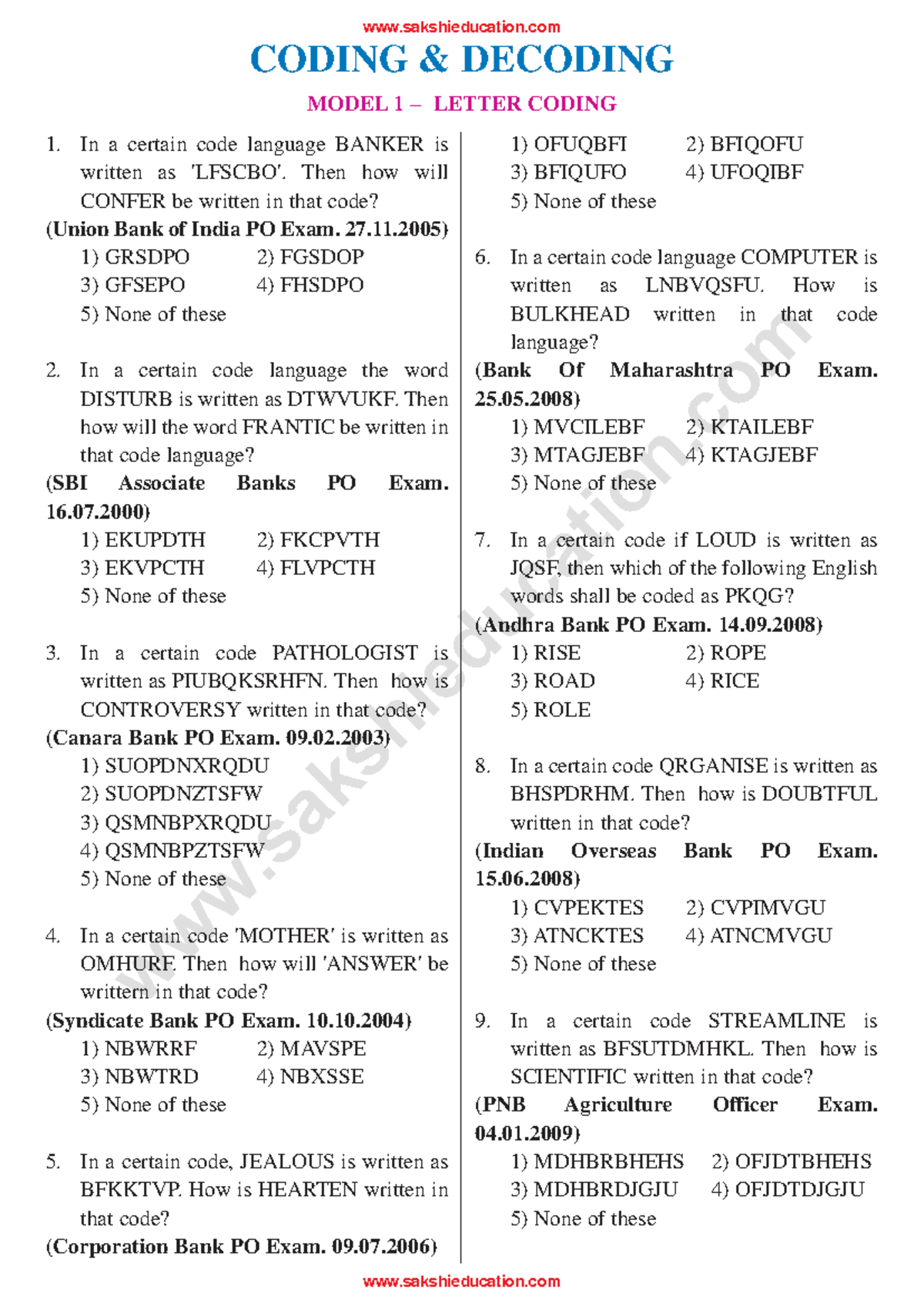 Coding Decoding Model 1: Letter Coding Techniques and Examples - Studocu