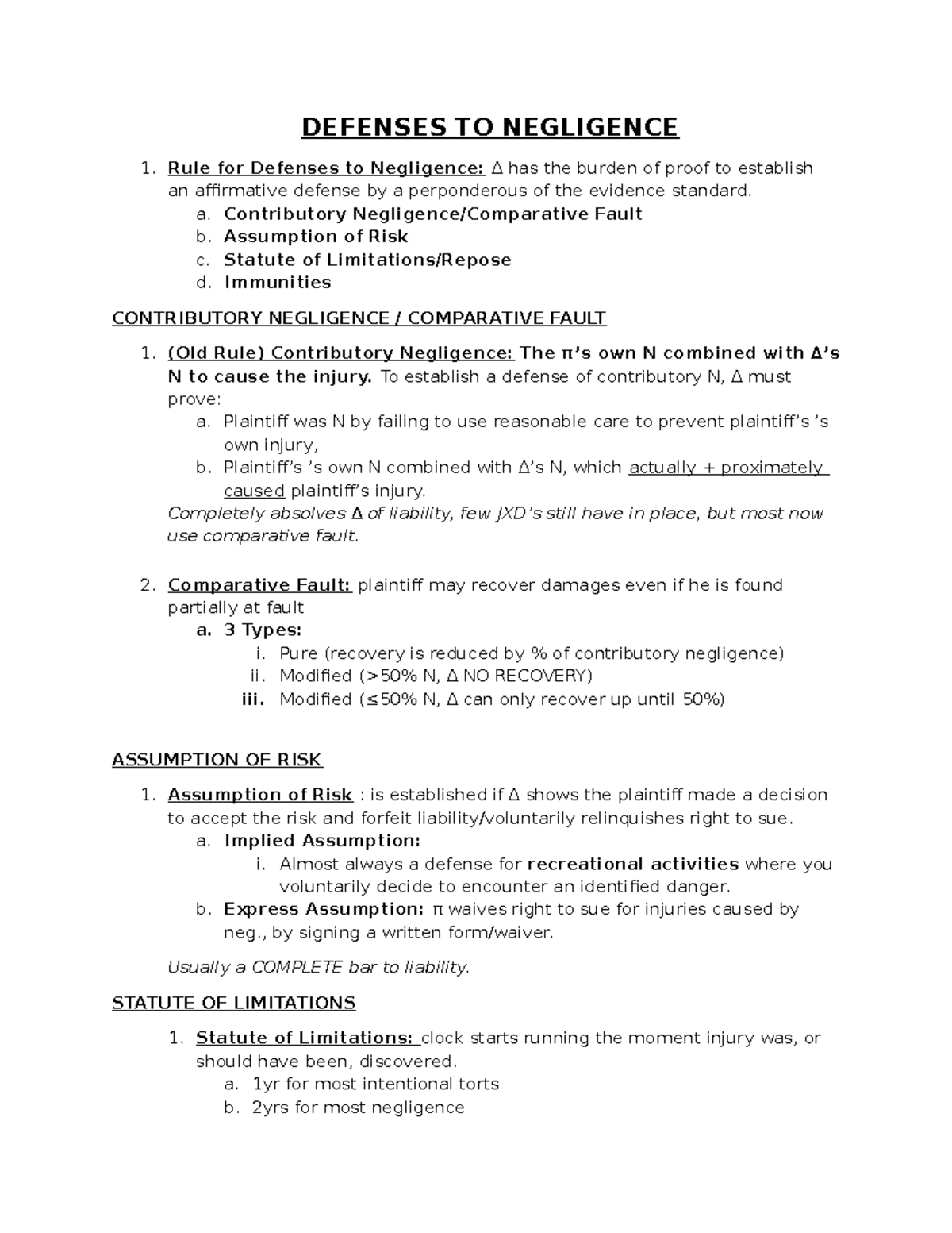 Negligence Defenses Overview: Key Rules and Concepts - Studocu