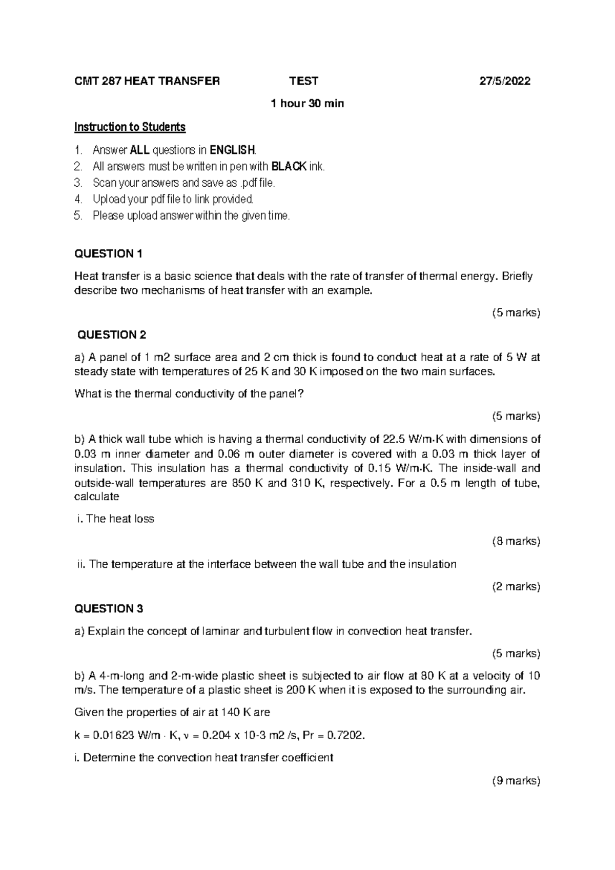 CMT 287 HEAT Transfer TEST - CMT 287 HEAT TRANSFER TEST 27/5/ 1 hour 30 ...