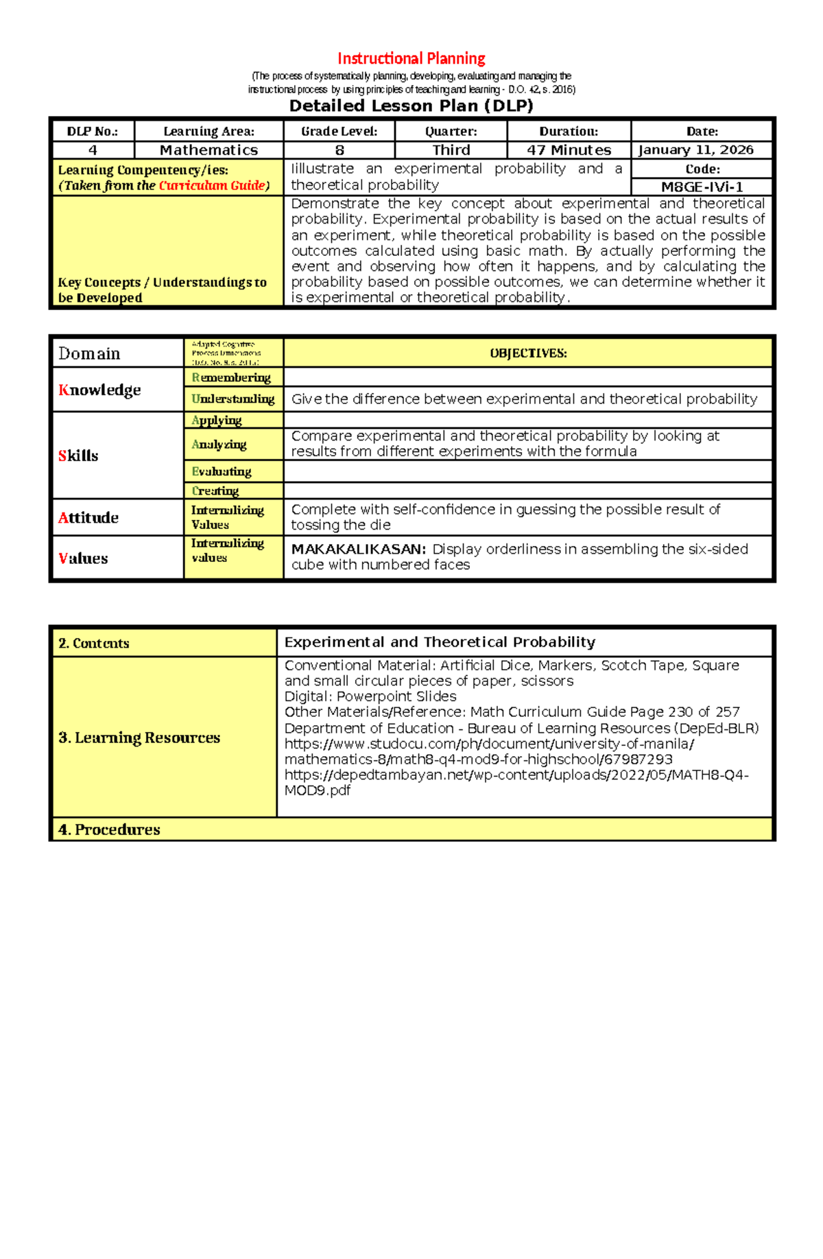 DLP 4: Detailed Lesson Plan on Experimental & Theoretical Probability ...