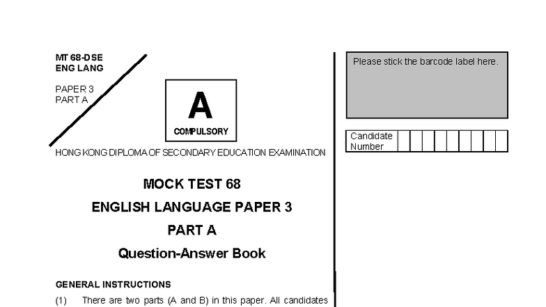 MT68 English Language Mock Test Paper 3 Part A & B1 2023 - Studocu